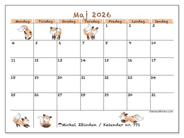 Kalender maj 2026 til udskrivning - Ræve tegninger | Michel Zbinden