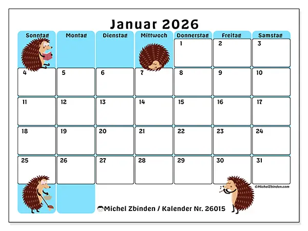 Kalender Januar 2026 Nr. 26015 - Igel - Michel Zbinden DE