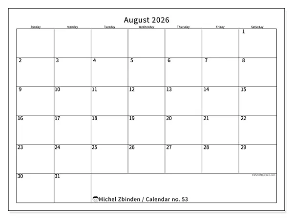 August 2026 calendar to print - Efficient schedule | Michel Zbinden
