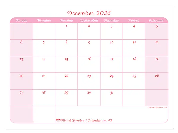 December 2026 calendar to print - Gentle organization | Michel Zbinden