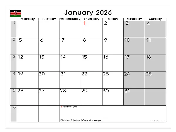 January 2026 calendar - Kenya - Michel Zbinden EN