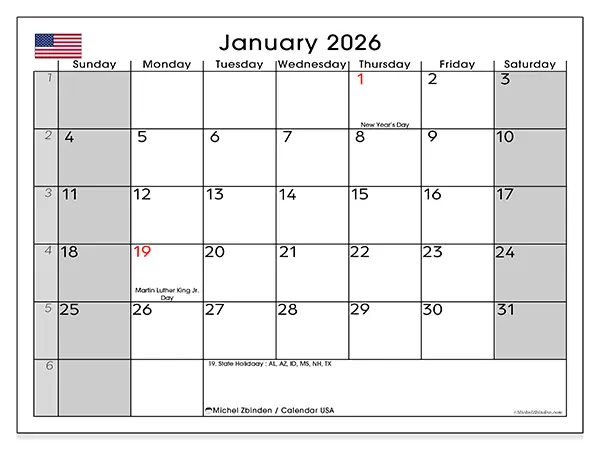 January 2026 calendar - United States - Michel Zbinden EN
