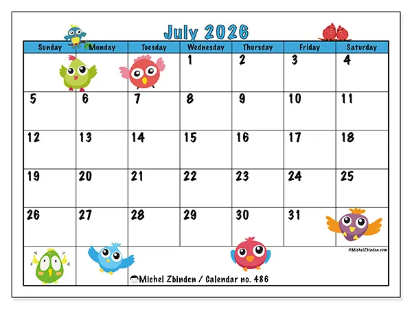 Printable July 2026 calendar, model #486 | Michel Zbinden
