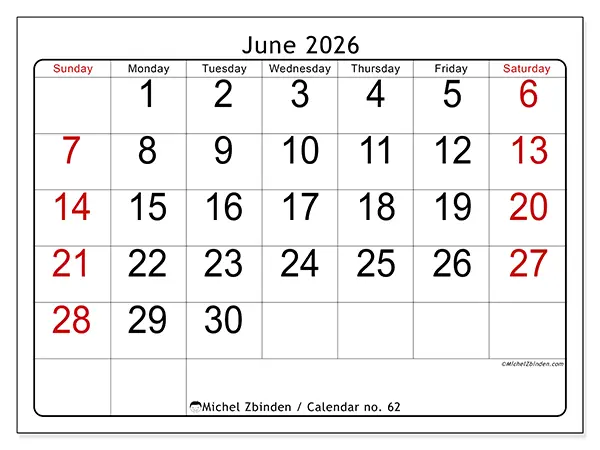 June 2026 calendars to print | Michel Zbinden