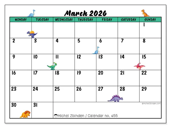 Printable March 2026 calendar, model #455 | Michel Zbinden