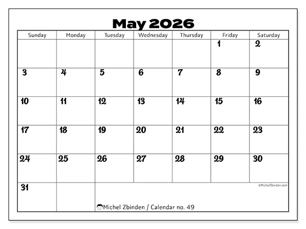 Printable May 2026 calendar, model #49 | Michel Zbinden