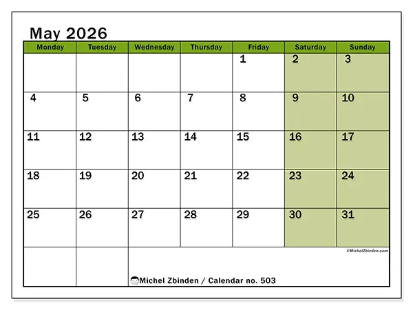 Printable May 2026 calendar, model #503 | Michel Zbinden