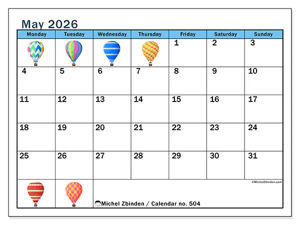 Printable May 2026 calendar - Hot air balloons | Michel Zbinden