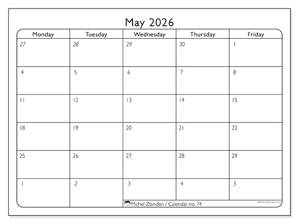 Printable May 2026 calendar, model #74 | Michel Zbinden