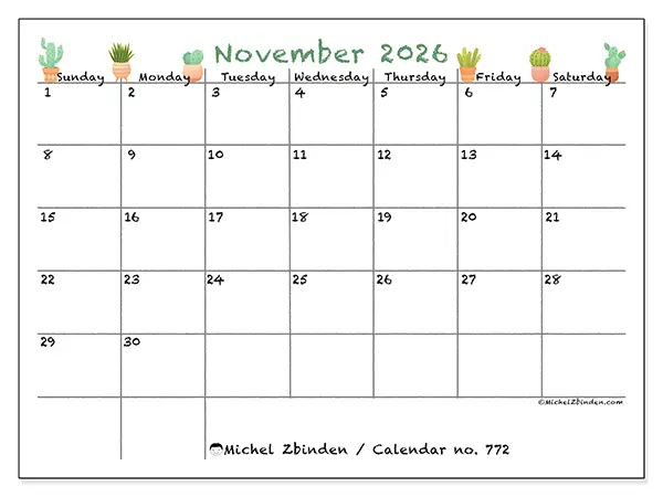 November 2026 calendar to print - Decorative cactus | Michel Zbinden