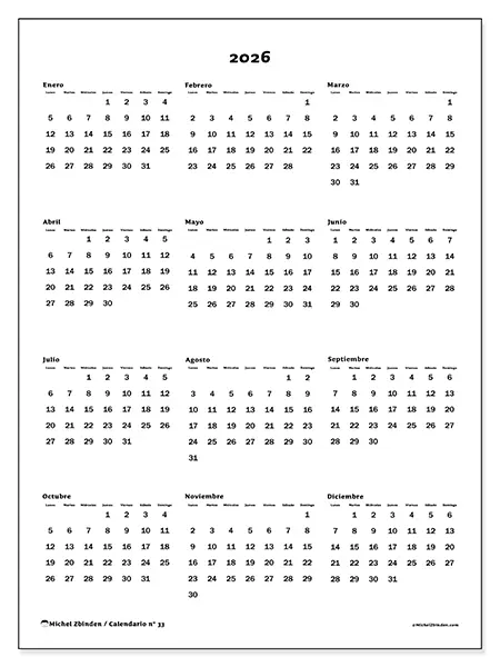 Calendario anual 2026 para imprimir - México | Michel Zbinden