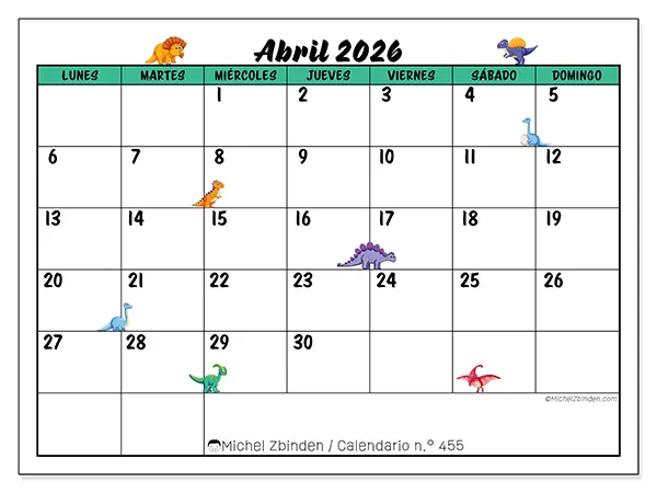 Calendario de abril de 2026 para imprimir, modelo n.º 455 | Michel Zbinden