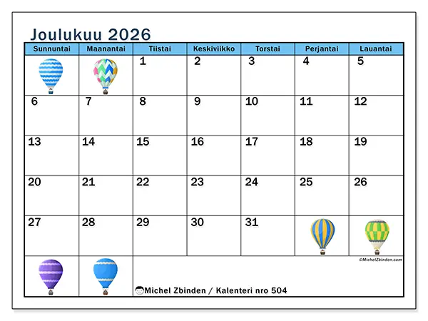Tulostettava kalenteri joulukuu 2026, malli nro 504 | Michel Zbinden
