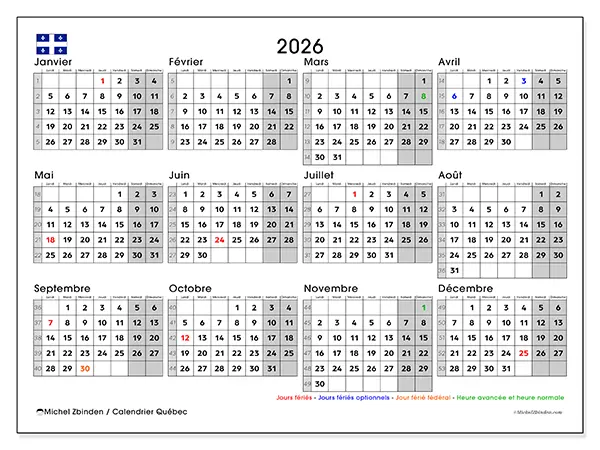 Calendrier 2026 - Québec - Michel Zbinden FR