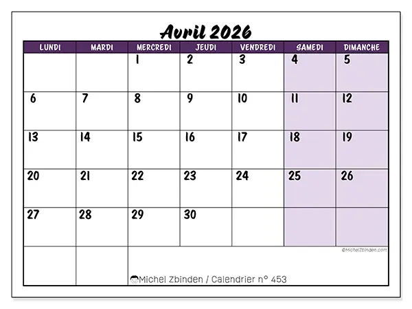 Calendrier avril 2026 à imprimer, modèle n° 453 | Michel Zbinden
