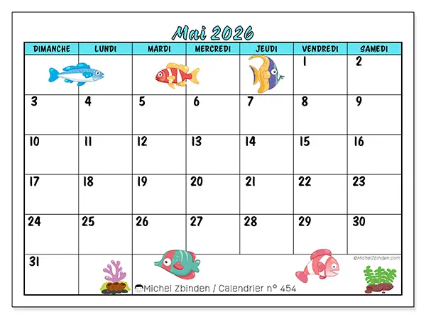 Calendrier mai 2026 à imprimer, modèle n° 454 | Michel Zbinden