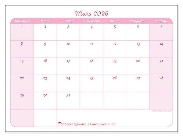 Calendrier Imprimable Mars 2024 Rose