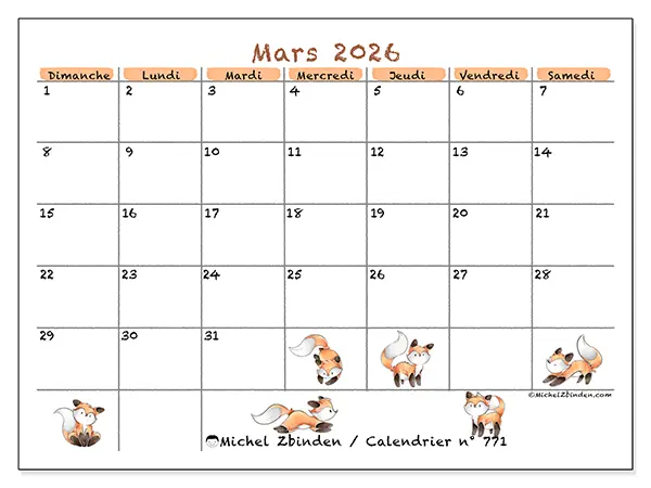 Calendrier mars 2026 à imprimer, modèle n° 771 | Michel Zbinden