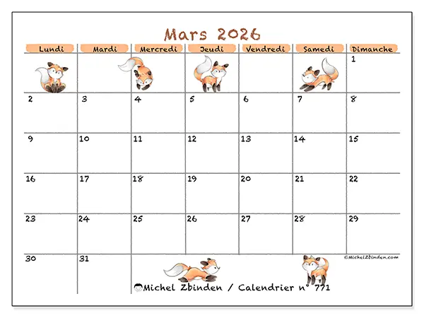 Calendrier mars 2026 à imprimer, modèle n° 771 | Michel Zbinden