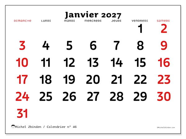 Calendrier janvier 2027 à imprimer - Vision claire | Michel Zbinden