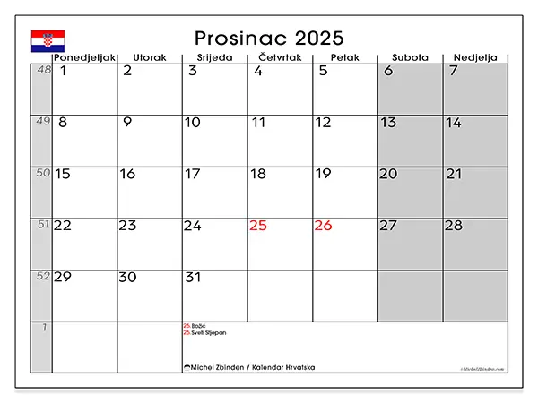 Kalendar za prosinac 2025. - Hrvatska - Michel Zbinden HR