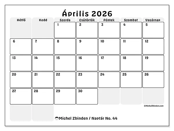 2026. április naptárak nyomtatásra | Michel Zbinden