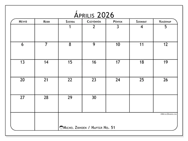 2026. április naptárak nyomtatásra | Michel Zbinden