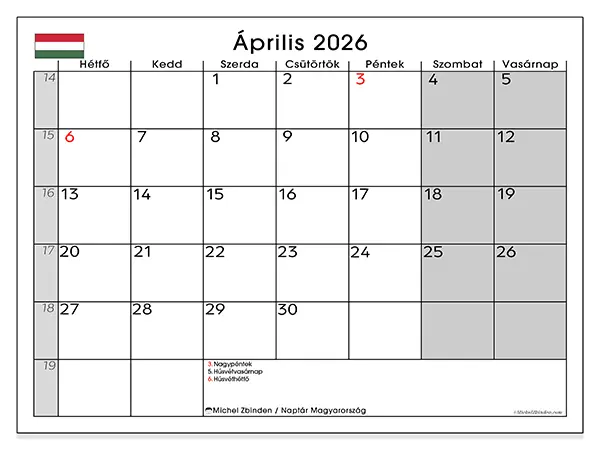 Április 2026 naptár - Magyarország - Michel Zbinden HU