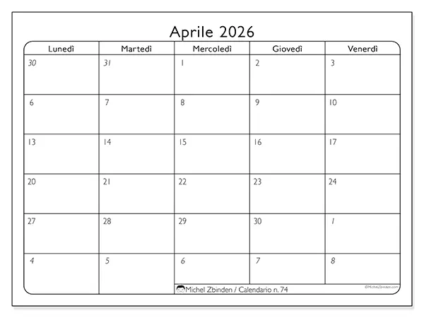 Calendari di aprile 2026 da stampare | Michel Zbinden