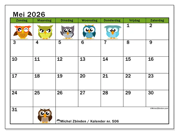 Kalender voor mei 2026 om te printen, model nr. 506 | Michel Zbinden
