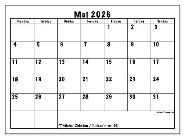 Kalender mai 2026 til utskrift - Daglig effektivitet | Michel Zbinden