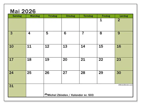 Kalender for mai 2026 til utskrift, modell nr. 503 | Michel Zbinden