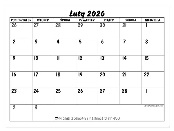 Kalendarz na luty 2026 do wydruku, model nr 450 | Michel Zbinden