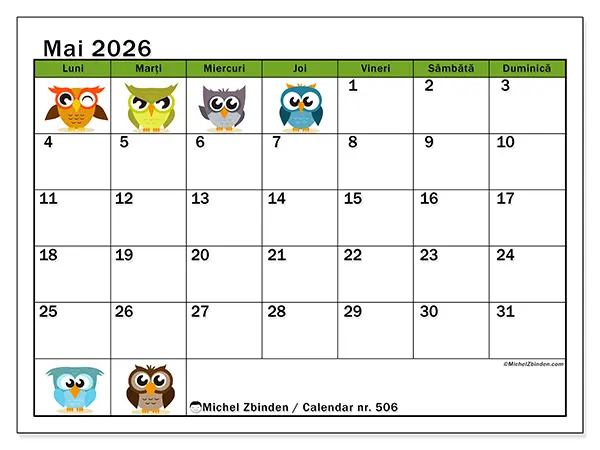 Calendar mai 2026 de tipărit - Bufnițe amuzante | Michel Zbinden