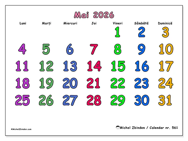Calendar mai 2026 de imprimat - Colorat util | Michel Zbinden