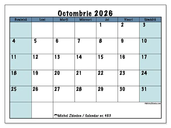 Calendar pentru octombrie 2026 de tipărit, model nr. 483 | Michel Zbinden