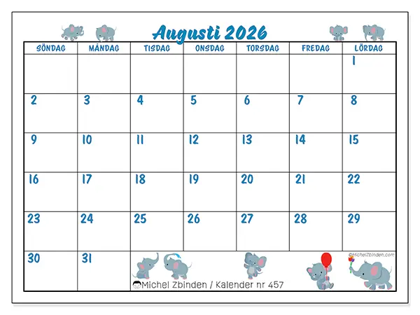 Augusti 2026 kalender nr 457 - Elefanter - Michel Zbinden SV