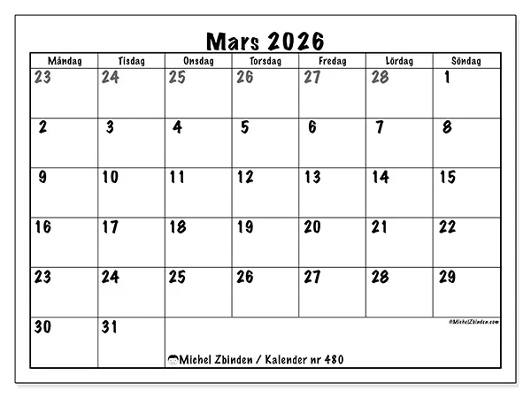 Kalender för mars 2026 att skriva ut, modell nr 480 | Michel Zbinden